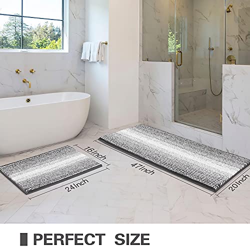 BSICPRO Bathroom Rugs and Mats Sets, 2 Piece Thick Absorbent Chenille Bath Mat Rug Set Non Slip, Soft Shaggy Bath Room Floor Mats for Bathroom, Machine Washable (20" x 47" Plus 16" x 24", Gray)