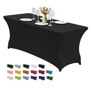 cwk 6ft stretch spandex table cover for rectangular fitted folding tables, wrinkle resistant, elastic stretchable patio tablecloth protector for party, banquet, wedding and events (black)