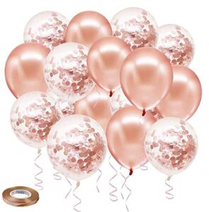 rose gold confetti latex balloons, 50 pack 12 inch birthday balloons with 33 feet rose gold ribbon for party wedding bridal shower decorations