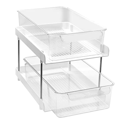 Ruishetop Stackable Under Sink Cabinet Organizer, Multi-Purpose 2 Tier Drawers Sliding Cabinet Basket Organizer Drawer with Handle for Home Kitchen Bathroom Office