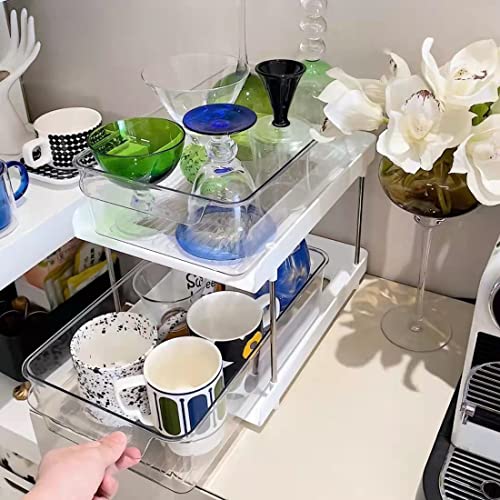 Ruishetop Stackable Under Sink Cabinet Organizer, Multi-Purpose 2 Tier Drawers Sliding Cabinet Basket Organizer Drawer with Handle for Home Kitchen Bathroom Office