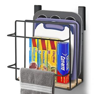 voottou cabinet door organizer with towel bar, under cabinet shelf organizer, cutting board organizer for kitchen, dual purpose over the cabinet organizer for cutting board aluminum foil, wrap