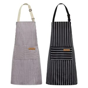 nlus 2 pack kitchen cooking aprons, adjustable bib soft chef apron with 2 pockets for men women (black/brown stripes)