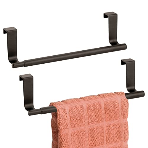 mDesign Adjustable, Expandable Over Kitchen Cabinet Towel Bar Rack - Hang on Inside or Outside of Doors, Hold Hand, Dish, Tea Towels - Customizable to 17" Wide, Omni Collection, 2 Pack - Bronze