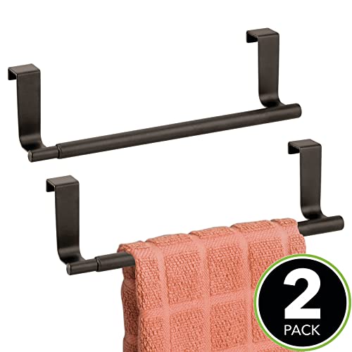 mDesign Adjustable, Expandable Over Kitchen Cabinet Towel Bar Rack - Hang on Inside or Outside of Doors, Hold Hand, Dish, Tea Towels - Customizable to 17" Wide, Omni Collection, 2 Pack - Bronze