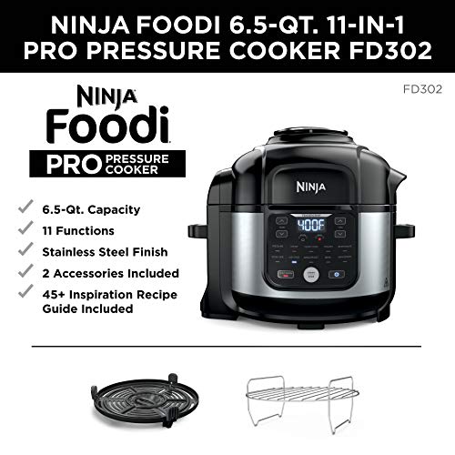 Ninja FD302 Foodi 11-in-1 Pro 6.5 qt. Pressure Cooker & Air Fryer that Steams, Slow Cooks, Sears, Sautés, Dehydrates & More, with 4.6 qt. Crisper Plate, Nesting Broil Rack & Recipe Book, Silver/Black