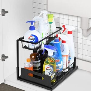 under sink organizer, difen 2-tier sliding cabinet basket organizer for under sink storage in bathroom and kitchen – black