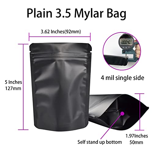 100 Pack Mylar Bag 3.5 Gram,4 Mil Thickness Smell Proof Bag,Stand-up Packaging Pouch,Resealable Ziplock Foil Food Storage Baggies Safe Material,3.62x5 Inches,Matte Black