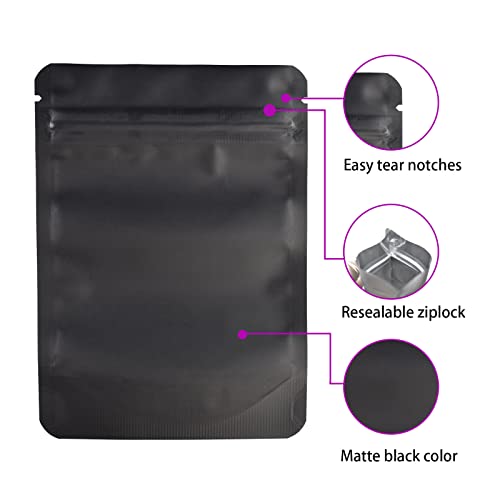 100 Pack Mylar Bag 3.5 Gram,4 Mil Thickness Smell Proof Bag,Stand-up Packaging Pouch,Resealable Ziplock Foil Food Storage Baggies Safe Material,3.62x5 Inches,Matte Black