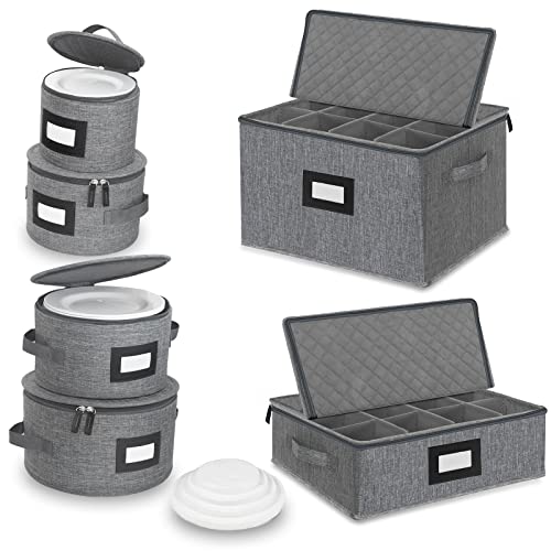 Merb Home - China Storage Set - Dinnerware & Glass Storage Containers - Hard Shell and Stackable Storage Boxes - Protects Dishes Cups and Mugs, Felt Plate Dividers Included (6-Pieces Grey)