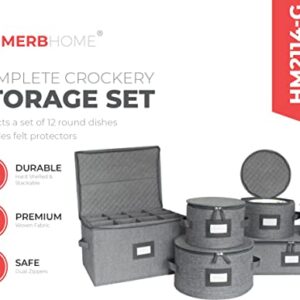 Merb Home - China Storage Set - Dinnerware & Glass Storage Containers - Hard Shell and Stackable Storage Boxes - Protects Dishes Cups and Mugs, Felt Plate Dividers Included (6-Pieces Grey)