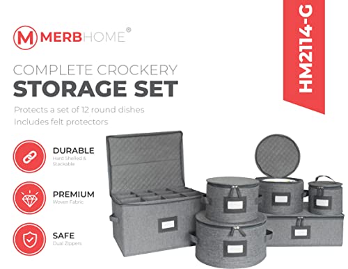 Merb Home - China Storage Set - Dinnerware & Glass Storage Containers - Hard Shell and Stackable Storage Boxes - Protects Dishes Cups and Mugs, Felt Plate Dividers Included (6-Pieces Grey)