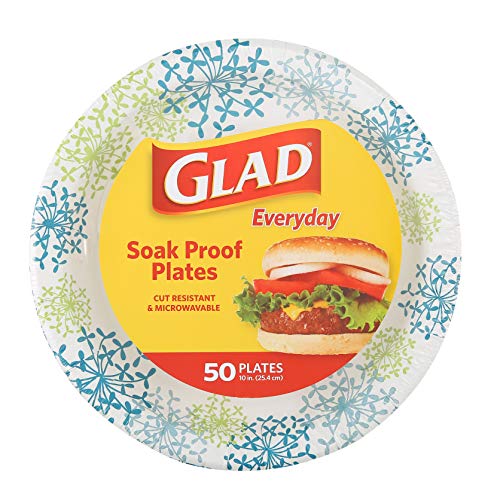 Glad Round Disposable Paper Plates for All Occasions | New & Improved Quality | Soak/ Cut Proof, Microwaveable Heavy Duty | 10" Diameter, 50 Count Bulk Plates