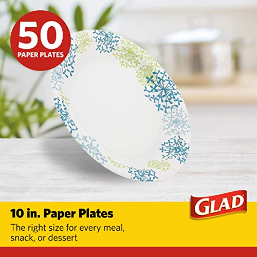 Glad Round Disposable Paper Plates for All Occasions | New & Improved Quality | Soak/ Cut Proof, Microwaveable Heavy Duty | 10" Diameter, 50 Count Bulk Plates