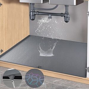 aumio under sink mat, under sink mats for kitchen waterproof 22″ x 34″ under kitchen sink mat silicone under sink liner drip tray with drain hole, sink cabinet protector mat for kitchen bathroom grey