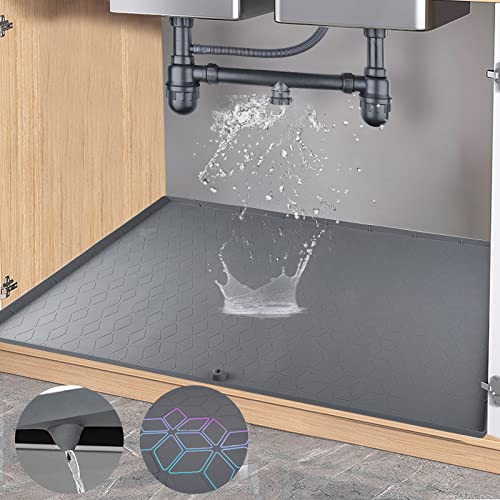 AUMIO Under Sink Mat, Under Sink Mats for Kitchen Waterproof 22" x 34" Under Kitchen Sink Mat Silicone Under Sink Liner Drip Tray with Drain Hole, Sink Cabinet Protector Mat for Kitchen Bathroom Grey