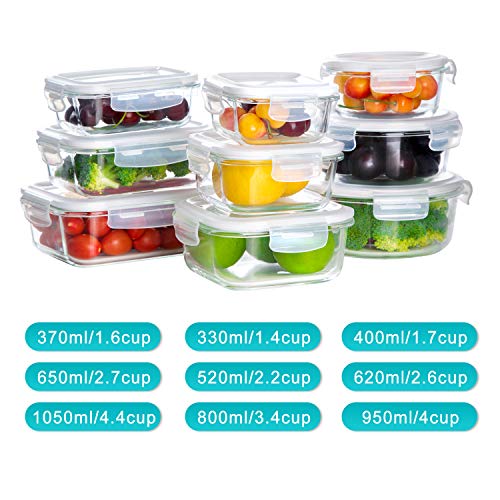 BAYCO Glass Storage Containers with Lids, 9 Sets Glass Meal Prep Containers Airtight, Glass Food Storage Containers, Glass Containers for Food Storage with Lids - BPA-Free & Leak Proof