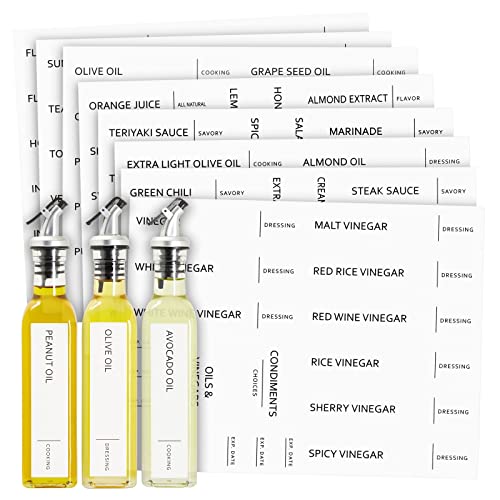 Talented Kitchen 132 Preprinted Minimalist Oil Labels for Bottles, Condiments Labels, Oils and Vinegars Dispenser Stickers, Pantry Labels for Oil Bottles Organization