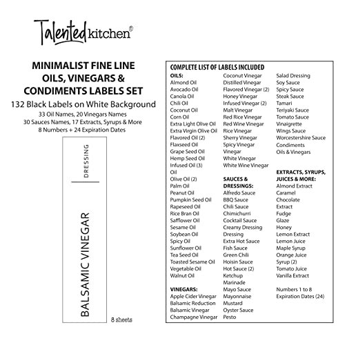 Talented Kitchen 132 Preprinted Minimalist Oil Labels for Bottles, Condiments Labels, Oils and Vinegars Dispenser Stickers, Pantry Labels for Oil Bottles Organization