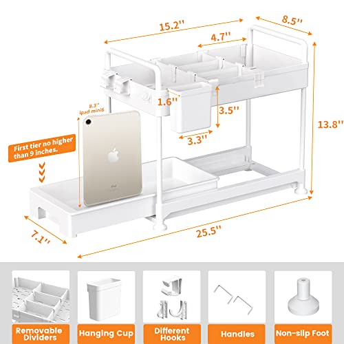 Vantency 2 Pack Under Sink Organizer, 2 Tier Sliding Under Kitchen Cabinet Storage Drawer with Hooks, Hanging Cup, Dividers, Handles and Anti-Slip Foot Mats (2PC-White)