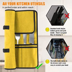 Yellow Chef Knife Bag With 24 Slots Canvas Cutlery Knives Holders Protectors,Home Kitchen Travel Cooking Tools,Portable Knife Roll Storage Bag Chef Case for Camping or Working