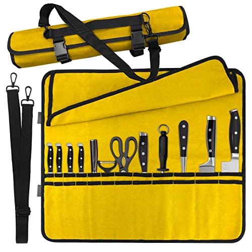 Yellow Chef Knife Bag With 24 Slots Canvas Cutlery Knives Holders Protectors,Home Kitchen Travel Cooking Tools,Portable Knife Roll Storage Bag Chef Case for Camping or Working