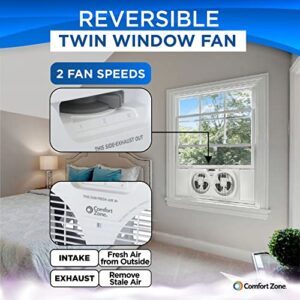 Comfort Zone CZ319WT 9" Twin Window Fan with Reversible Airflow Control, Auto-Locking Expanders and 2-Speed Fan Switch, White