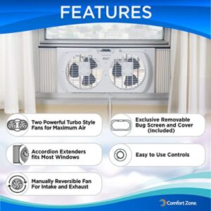 Comfort Zone CZ319WT 9" Twin Window Fan with Reversible Airflow Control, Auto-Locking Expanders and 2-Speed Fan Switch, White