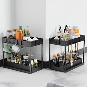 artzon 2 Pack Under Sink Organizers and Storage, 2-Tier Sliding Cabinet Basket Organizer with Hooks, Multi-Purpose Under Sink Organizers and Storage for Bathroom Kitchen