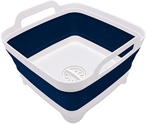 MontNorth Dishpan for Washing Dishes,9L Collapsible Dish Tub Portable Sink,Wash Basin,Foldable Laundry Tub,Washing Basin with Drain Plug,Dishpan for Kitchen Sink,Camping Dish Washing Tub,Navy Blue