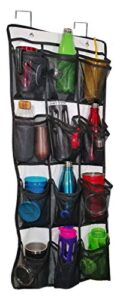 davison over the door water bottle, travel mug or tumbler and lid organizer. dual mesh pockets hold 12 matching to go coffee cups and covers together. never lose drink caps save time and storage space