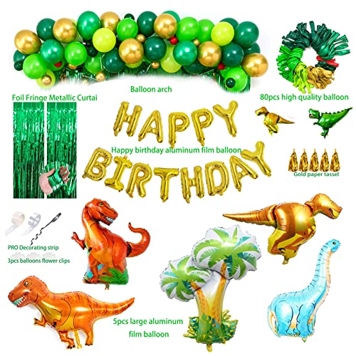 LFVIK Dinosaur Birthday Party Decorations&Balloons Arch Garland Kit(Gold,Green),Dinosaurs Balloons,HAPPY BIRTHDAY Balloons,Curtains,for Dino Themed Kid's Party,Shower,Celebration.