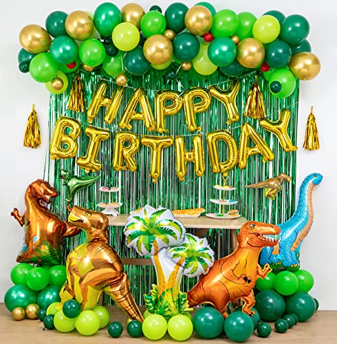 LFVIK Dinosaur Birthday Party Decorations&Balloons Arch Garland Kit(Gold,Green),Dinosaurs Balloons,HAPPY BIRTHDAY Balloons,Curtains,for Dino Themed Kid's Party,Shower,Celebration.