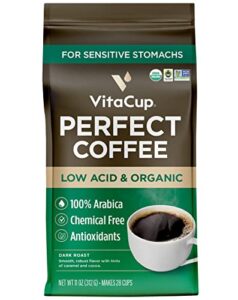 vitacup perfect low acid coffee ground, usda organic & fair trade, mycotoxin free, dark roast guatemala single origin, clean & pure for drip coffee brewers and french press, 11 ounces