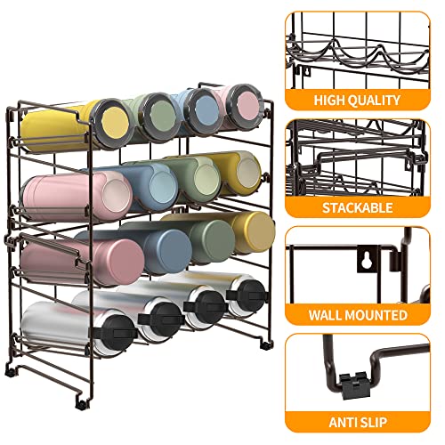 AULEDIO Adjustable Water Bottle Organizer, 4 Tier Stackable Bottle Organizer, Wall-Mounted Water Bottle Holder, Water Bottle Storage for Countertop, Cabinet, Kitchen, Brone