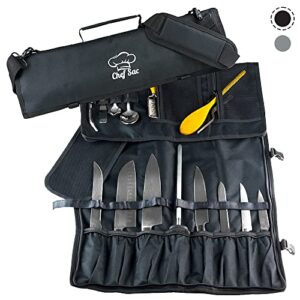 chef knife bag knife roll bag | 9 slots for knives cleaver & kitchen utensils | 2 large zip pockets | padded shoulder sling strap | best gift for professional chefs & culinary students (black)