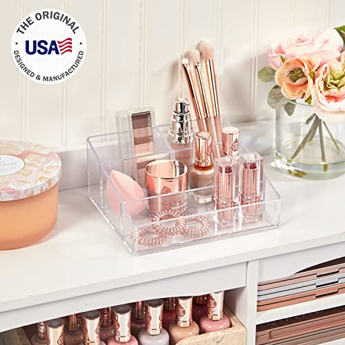 STORi Clear Plastic Vanity Makeup Organizer | Compact Rectangular 4-Compartment Holder for Brushes, Eyeshadow Palettes, & Beauty Supplies | Made in USA