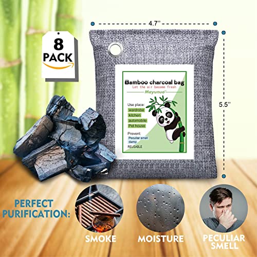 8 Pack Nature Fresh Bamboo Charcoal Air Purifying Bag, Activated Charcoal Bags Odor Absorber for Home Shoe Closet Gym Bag Fridge Pet Car Kitchen Large Room Smoke Drawer Refrigerator Strong Deodorizer Freshener Moisture Remover and Smell Eliminator