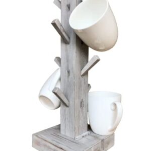 16" Solid Wood Coffee Mug Stand | Coffee Mug Tree | Coffee Mug Rack | Coffee Cup Holder | Adjustable / Removable Hooks | Holds 10 Mugs | Collapsible for Storage | Jewelry / Watch Organization (Gray)