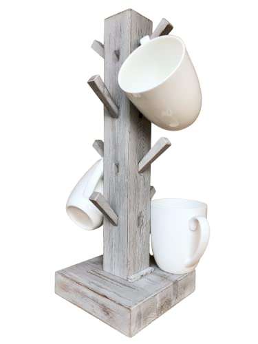 16" Solid Wood Coffee Mug Stand | Coffee Mug Tree | Coffee Mug Rack | Coffee Cup Holder | Adjustable / Removable Hooks | Holds 10 Mugs | Collapsible for Storage | Jewelry / Watch Organization (Gray)