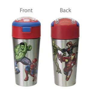 Zak Designs Comics Durable Stainless Steel Straw Bottle with Push-Button Flip Lid Vacuum Insulation Keeps Drinks Cold, BPA Free, 12oz, Marvel Universe