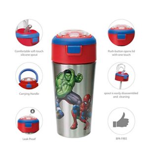 Zak Designs Comics Durable Stainless Steel Straw Bottle with Push-Button Flip Lid Vacuum Insulation Keeps Drinks Cold, BPA Free, 12oz, Marvel Universe