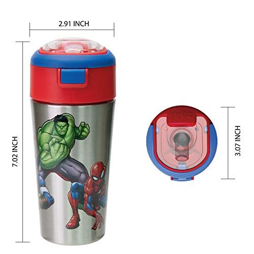 Zak Designs Comics Durable Stainless Steel Straw Bottle with Push-Button Flip Lid Vacuum Insulation Keeps Drinks Cold, BPA Free, 12oz, Marvel Universe