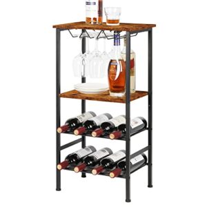 ybing wine rack freestanding floor wine bar rack with glass holder and tabletop 8 bottle wood wine tables with racks 4 tier wine bottle organizer display storage stand , rustic brown