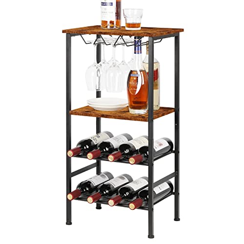 YBING Wine Rack Freestanding Floor Wine Bar Rack with Glass Holder and Tabletop 8 Bottle Wood Wine Tables with Racks 4 Tier Wine Bottle Organizer Display Storage Stand , Rustic Brown