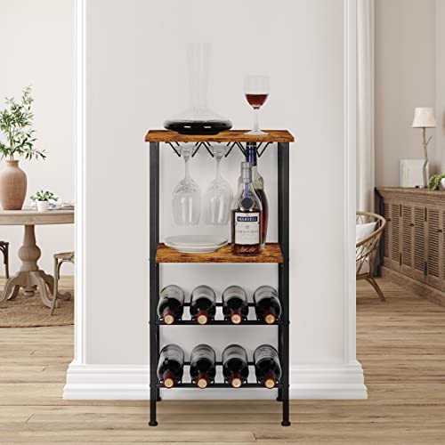 YBING Wine Rack Freestanding Floor Wine Bar Rack with Glass Holder and Tabletop 8 Bottle Wood Wine Tables with Racks 4 Tier Wine Bottle Organizer Display Storage Stand , Rustic Brown