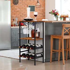 YBING Wine Rack Freestanding Floor Wine Bar Rack with Glass Holder and Tabletop 8 Bottle Wood Wine Tables with Racks 4 Tier Wine Bottle Organizer Display Storage Stand , Rustic Brown