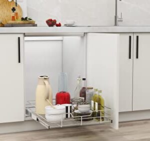 Pull Out Cabinet Organizer - Slide Out Under Cabinet Basket for Kitchen, Bathroom, Pantry Heavy Duty Slide Out Shelves, Requires At Least 24” Cabinet Opening (23.6W x 22D x 5.5H inch, Chrome)