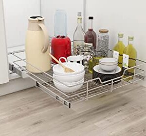 Pull Out Cabinet Organizer - Slide Out Under Cabinet Basket for Kitchen, Bathroom, Pantry Heavy Duty Slide Out Shelves, Requires At Least 24” Cabinet Opening (23.6W x 22D x 5.5H inch, Chrome)