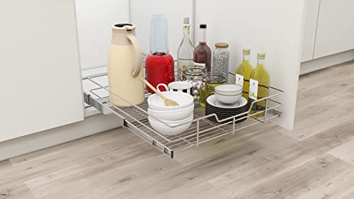 Pull Out Cabinet Organizer - Slide Out Under Cabinet Basket for Kitchen, Bathroom, Pantry Heavy Duty Slide Out Shelves, Requires At Least 24” Cabinet Opening (23.6W x 22D x 5.5H inch, Chrome)